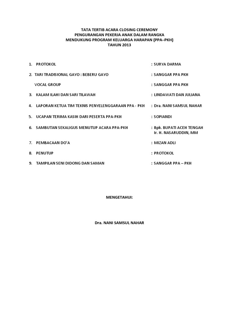 Closing Ceremony Agenda for Reducing Child Labor in Support of Family ...