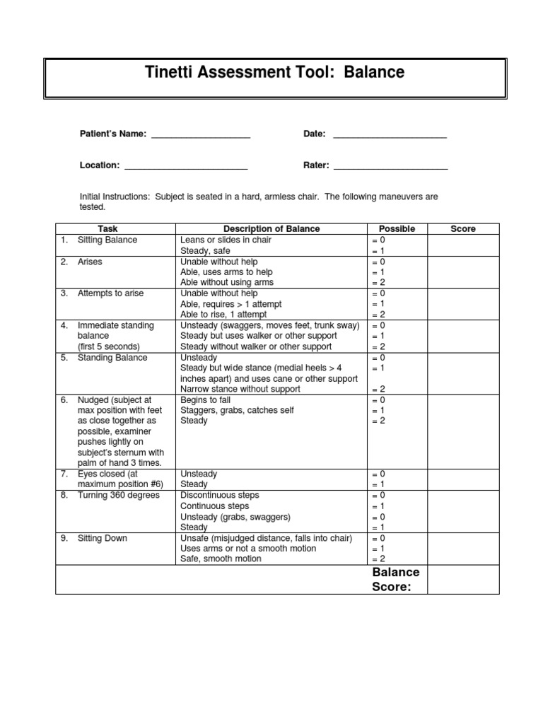 Tinetti Assessment Tool Score Sheet | PDF | Balance (Ability) | Foot