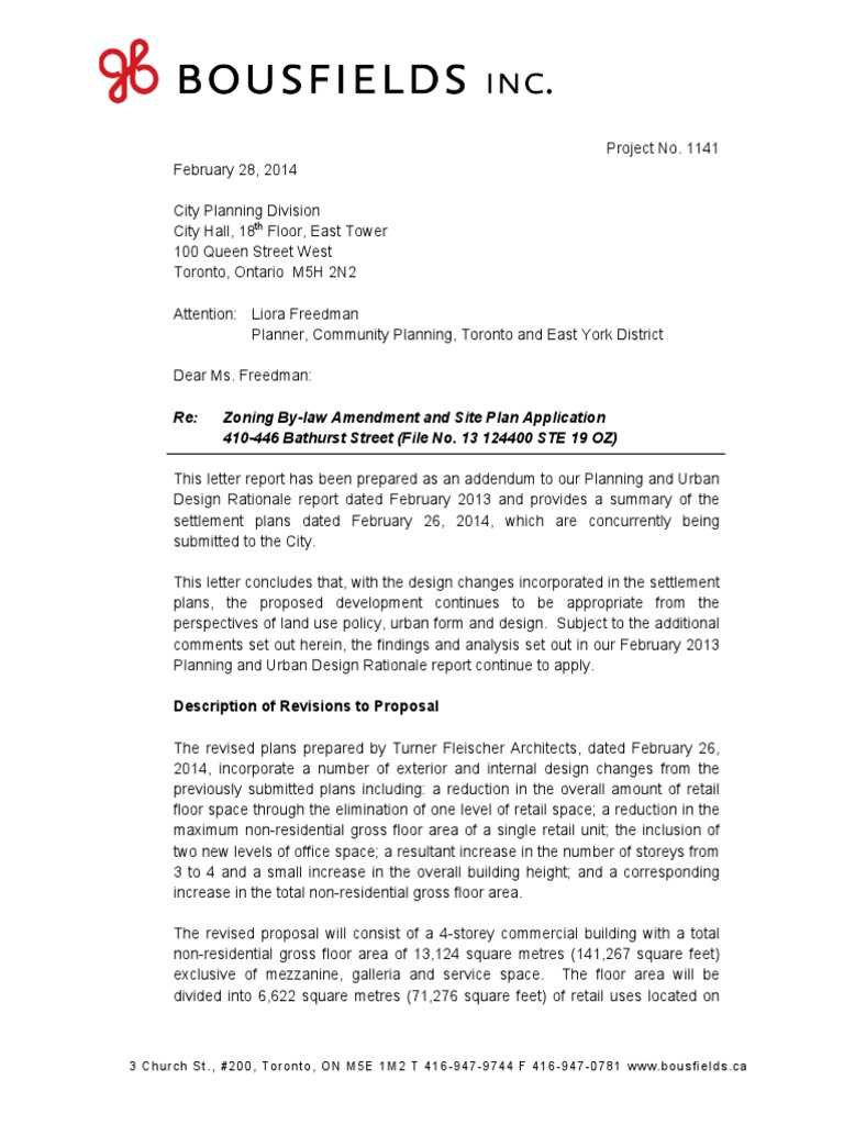 Planning Addendum Letter 410 Bathurst ST From Bousfields Inc | PDF | Zoning | Retail