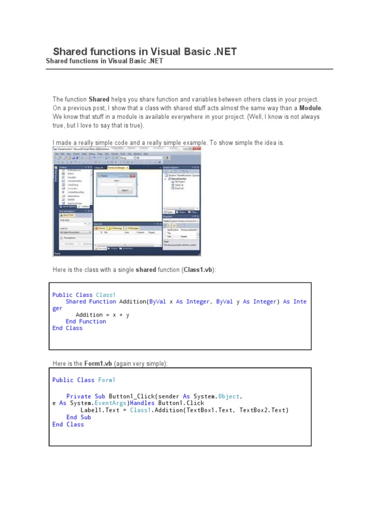 Shared Functions in Visual Basic | PDF | Visual Basic .Net | Subroutine