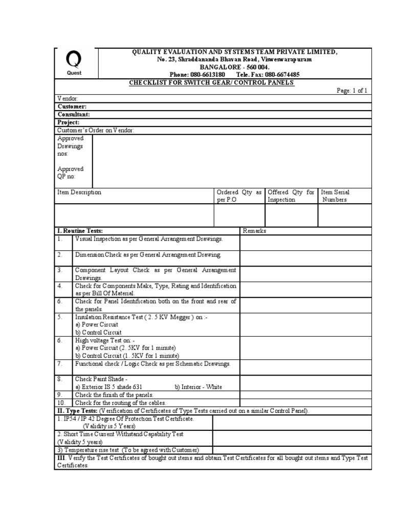 Checklist Control Panel | PDF