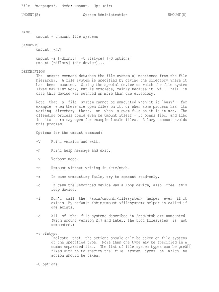 Util-linux UMOUNT(2): Detailed reference documentation on the umount system call for unmounting ...