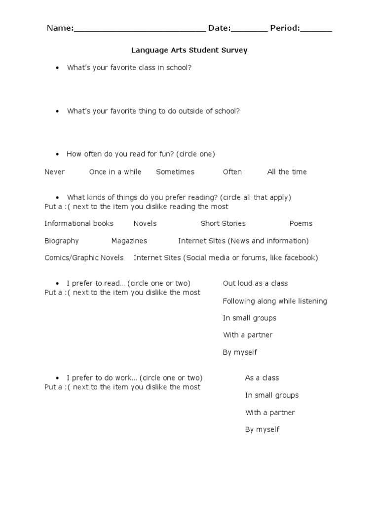 Language Arts Student Survey Template | PDF | General Fiction