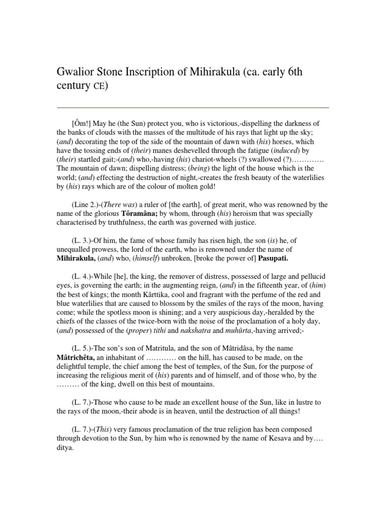 Gwalior Stone Inscription of Mihirakula | PDF | Mythology | Religion ...