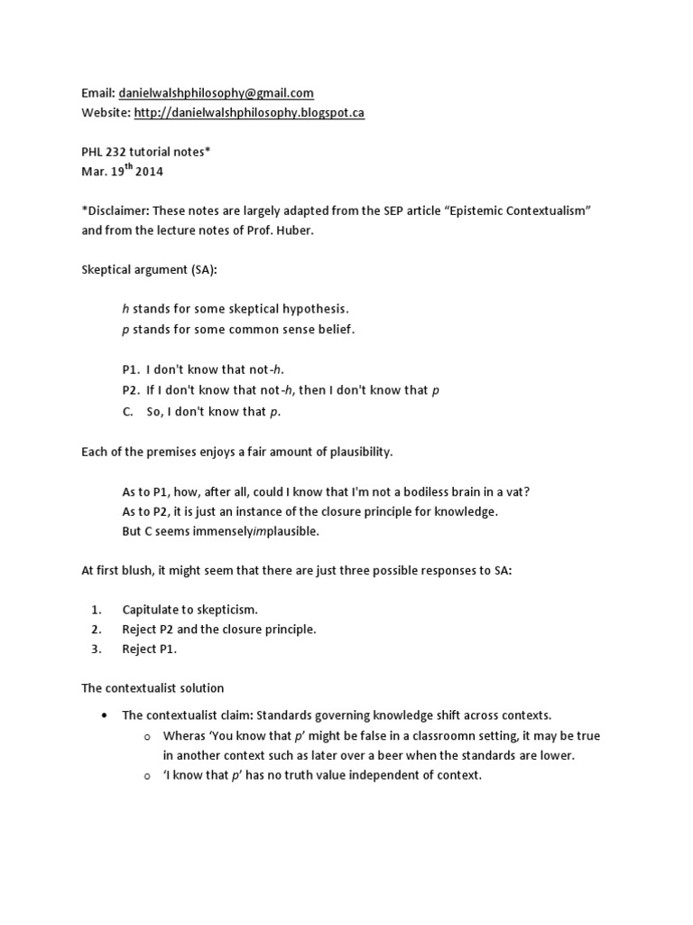 PHL232 Contextualism | PDF | Epistemological Theories | Epistemology