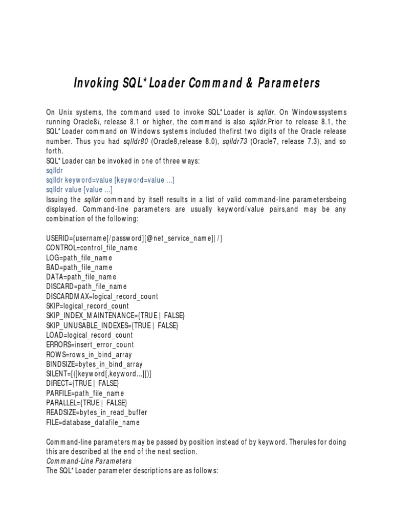 SQL Loader Parameters | PDF | Parameter (Computer Programming) | Oracle ... SQL Loader Parameters | PDF | Parameter (Computer Programming) | Oracle ...