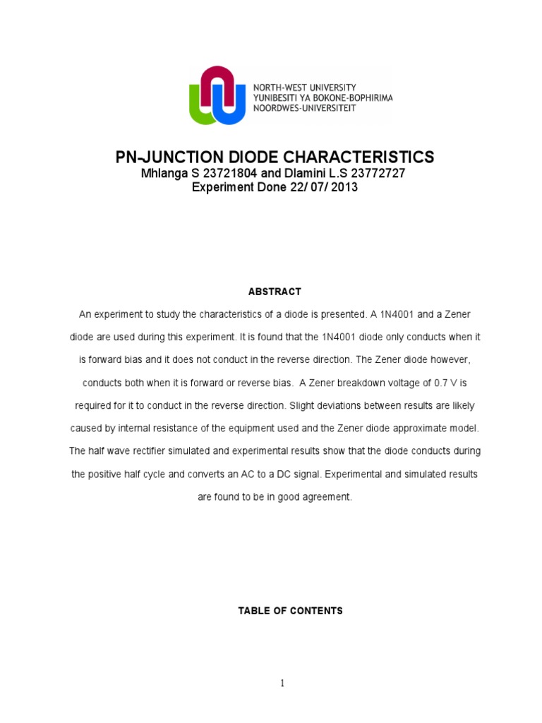 Pn-Junction Diode Characteristics: Mhlanga S 23721804 and Dlamini L.S ...