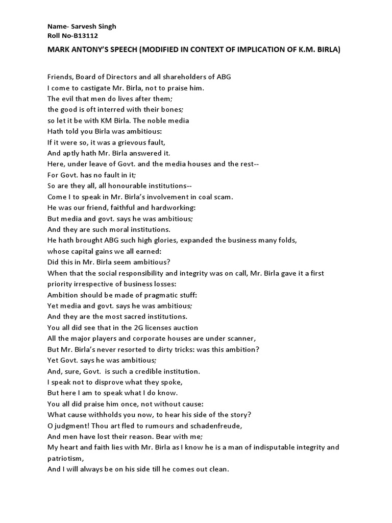 Mark Antony Speech - ABG Version - B13112 | PDF