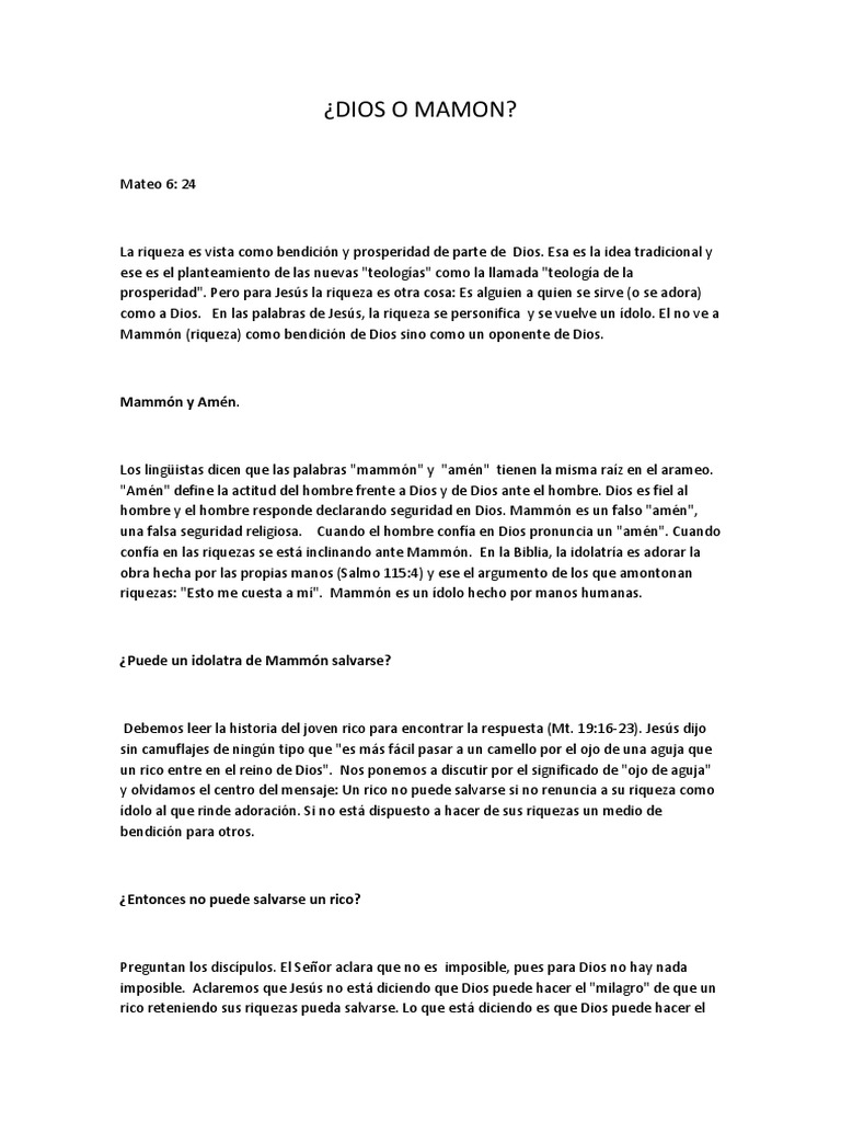 Dios o Mamon | PDF | Dios | Jesús