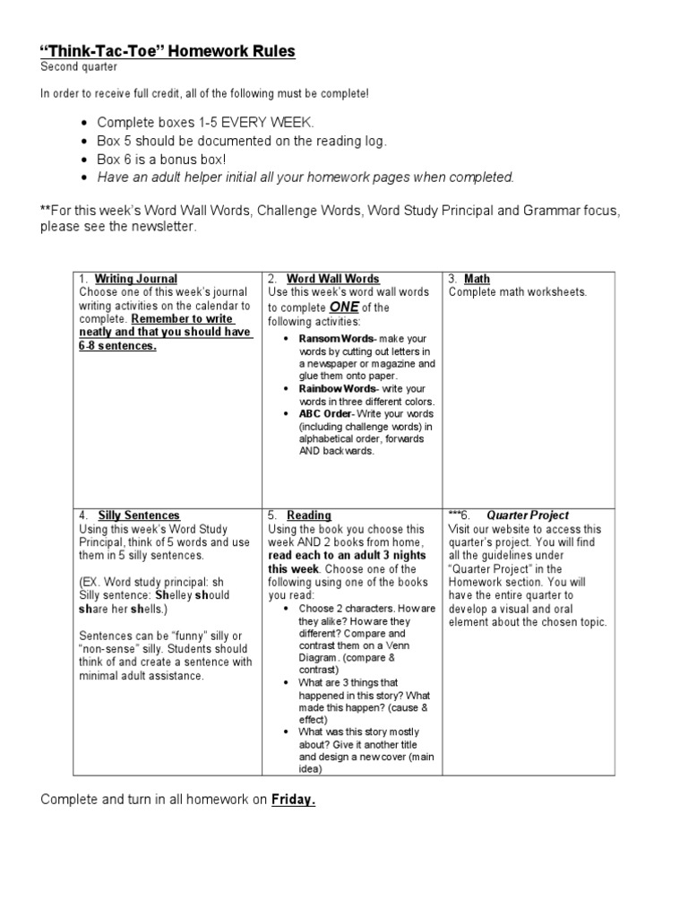 Think-Tac-Toe Homework Guidelines | PDF
