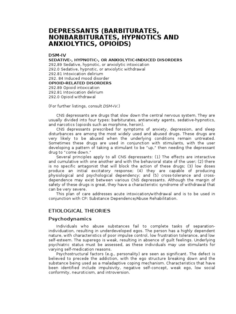 Depressants (Barbiturates, Nonbarbiturates, Hypnotics and Anxiolytics ...