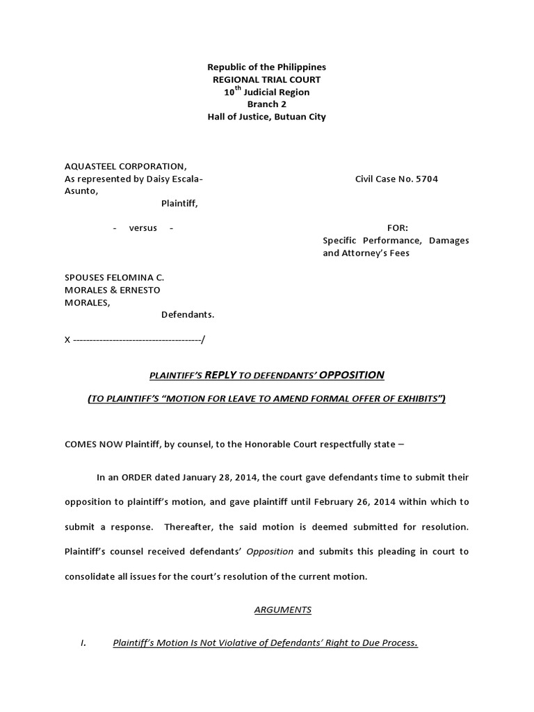 Reply To Opposition by Jed | PDF | Law