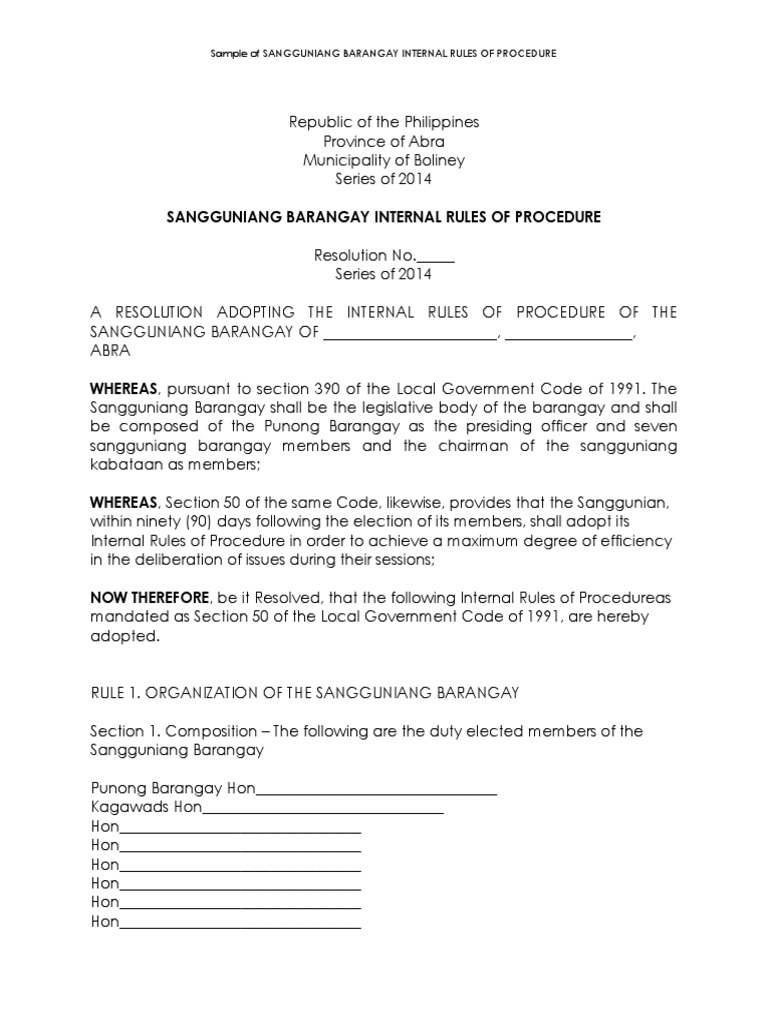 Barangay Internal Rules of Procedure | PDF | Quorum | Parliamentary ...