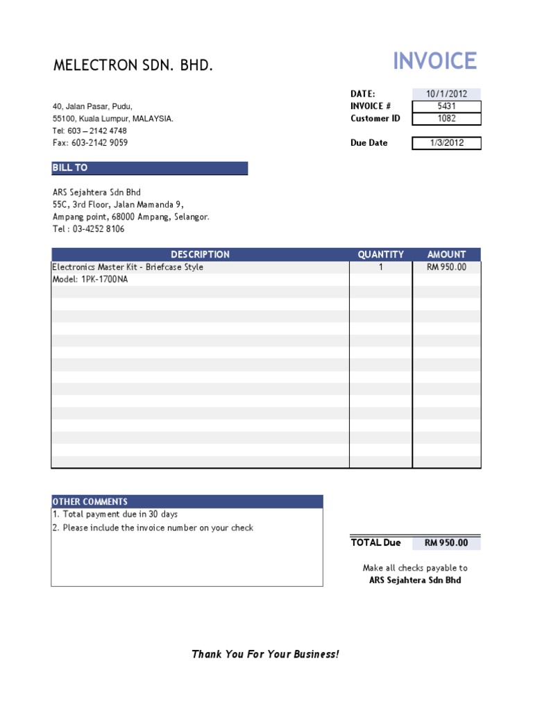 Thank You For Your Business On Invoice