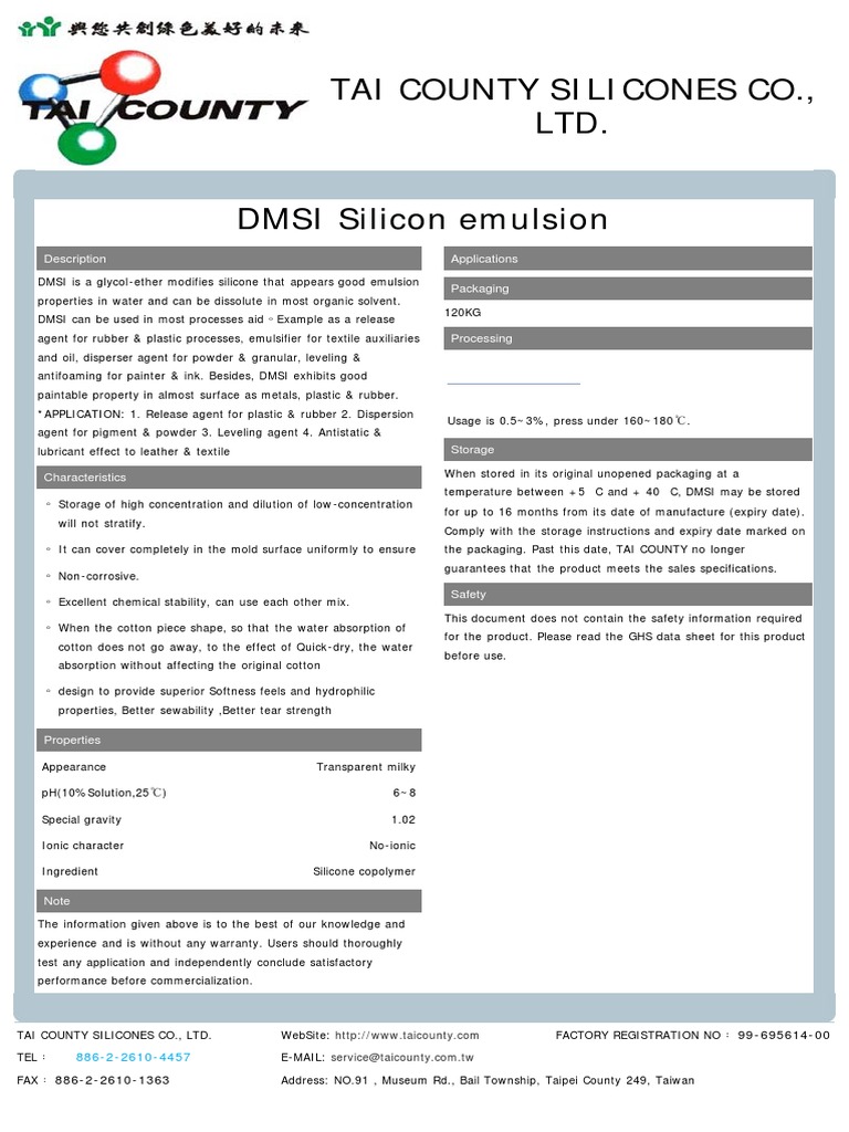 Tai County Silicones Co., Ltd. DMSI Silicon Emulsion: Description ...