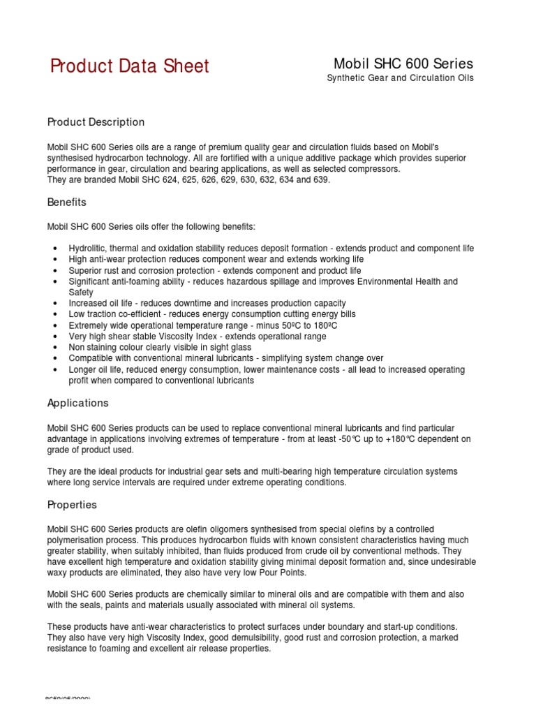 Product Data Sheet: Mobil SHC 600 Series | PDF | Lubricant | Exxon Mobil