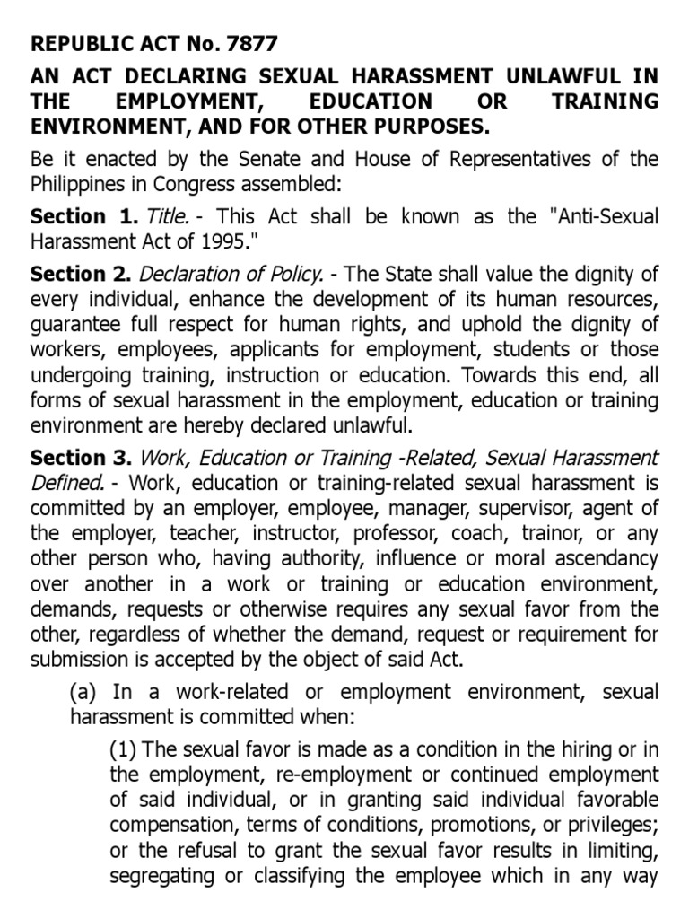 b. Ra 7877 Anti-sexual Harassment Act | Employment | Public Law