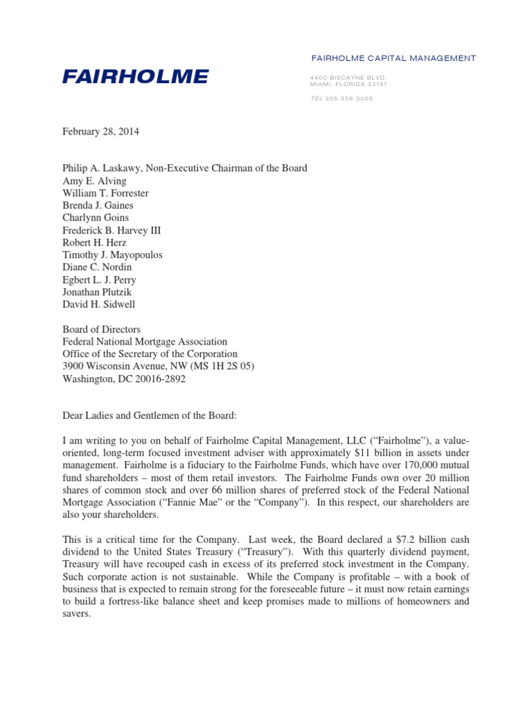 Fan Fred Letter 2030214 | PDF | Board Of Directors | Fannie Mae