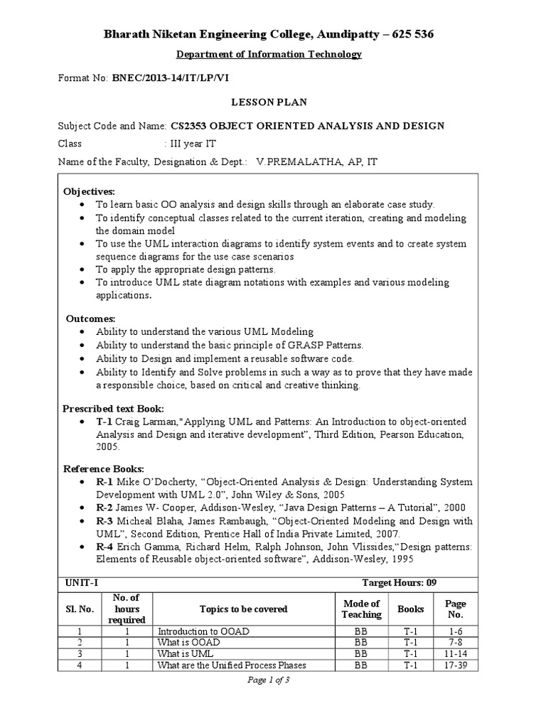 Lesson Plan Ooad | PDF | Unified Modeling Language | Software Design