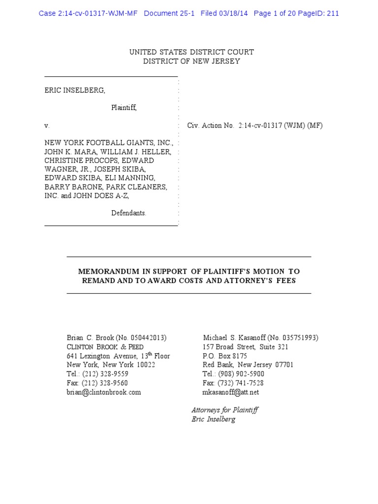 Eric Inselberg Motion To Remand | PDF | Patent | Lawsuit