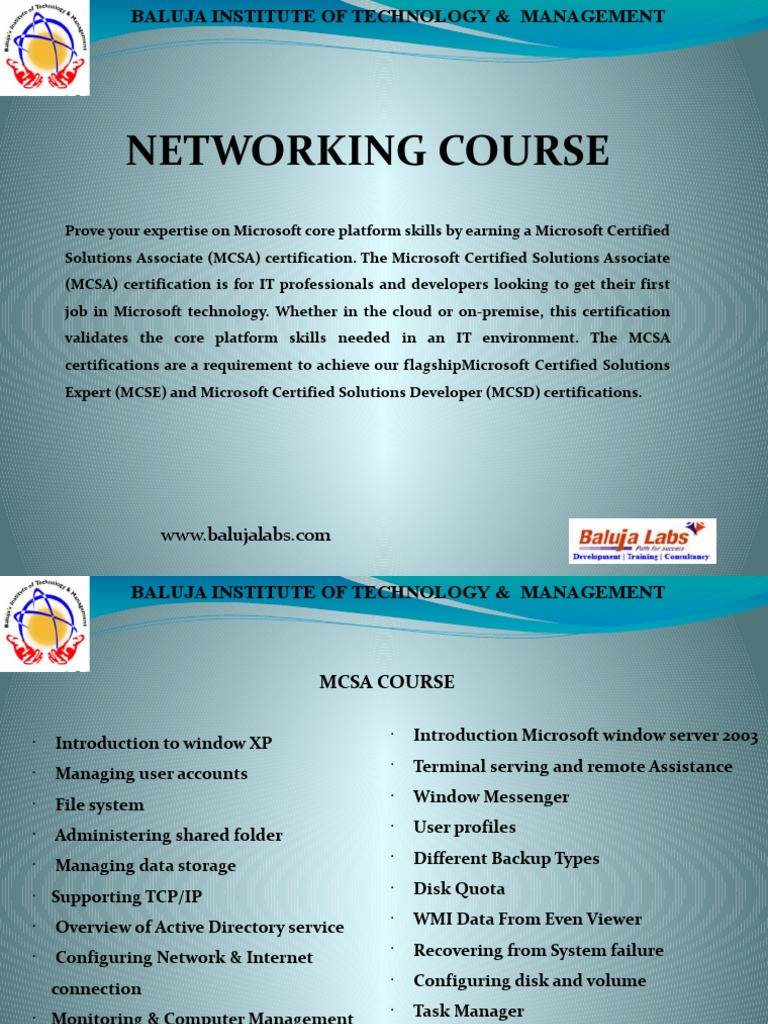 MCSA Course | PDF | Microsoft Certified Professional | Server (Computing)