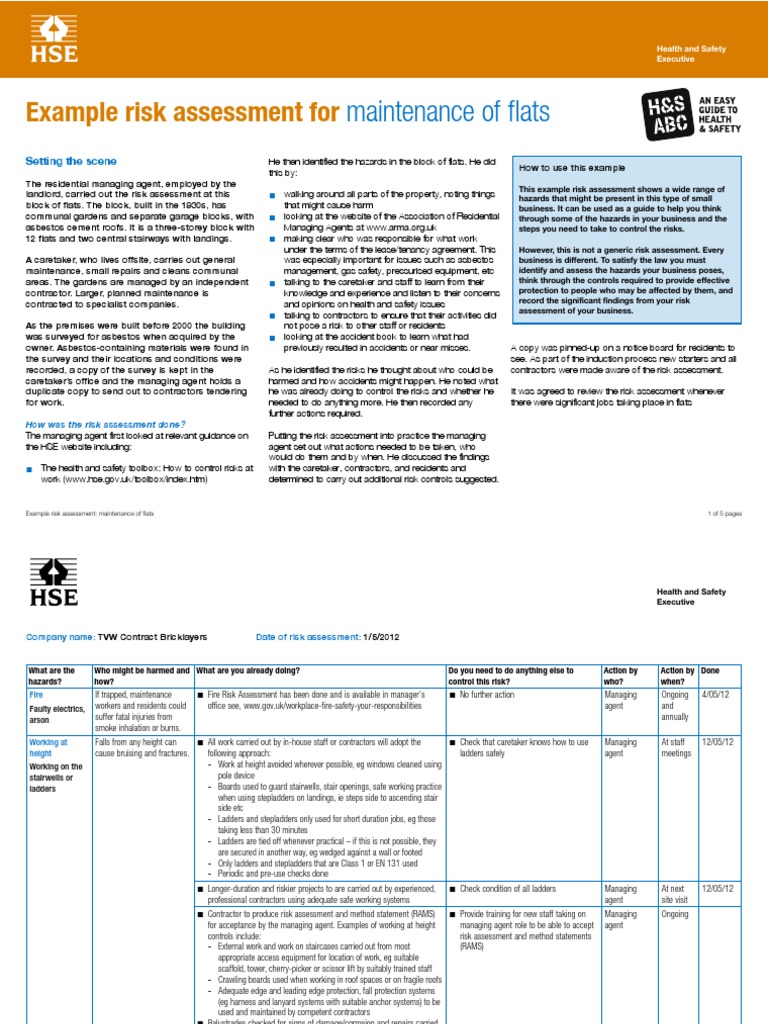 Maintenance of Flats: Example Risk Assessment For | PDF | Risk ...