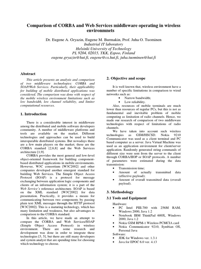 Comparison of CORBA and Web Services Middleware Operating in Wireless ...