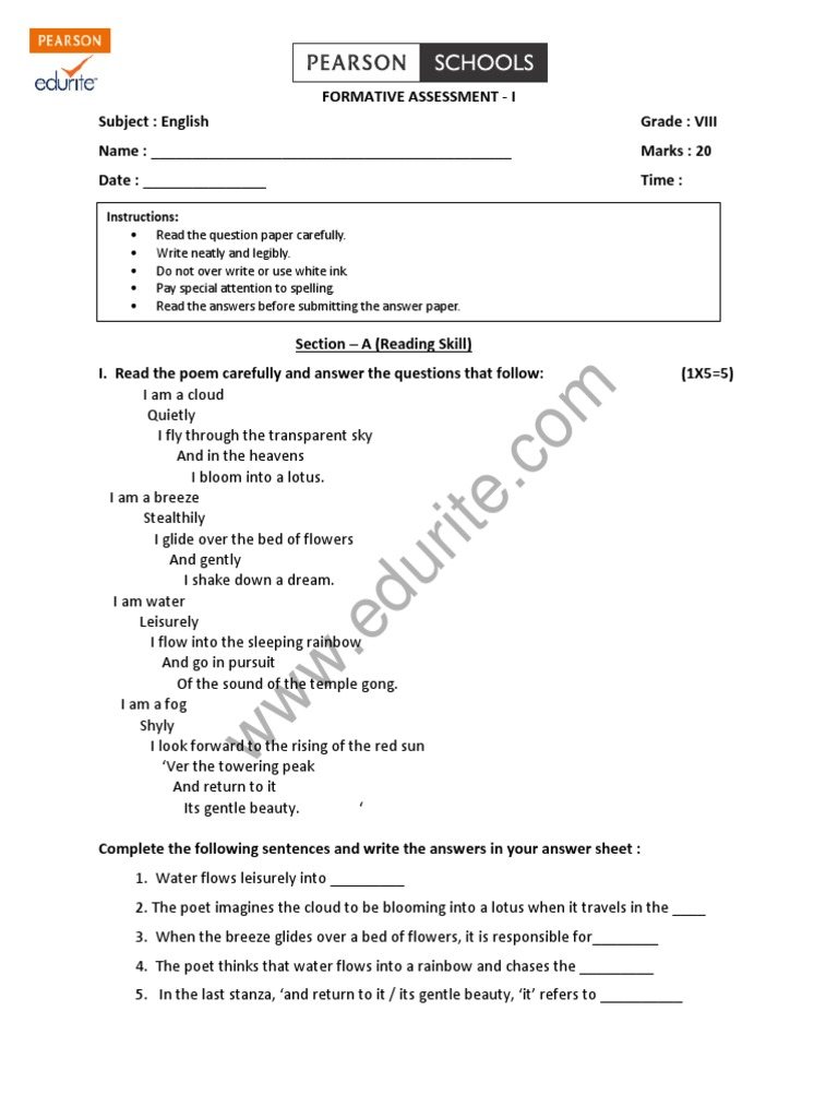 Class 8 Cbse English Question Paper Fa 1 | PDF | Linguistics | Grammar