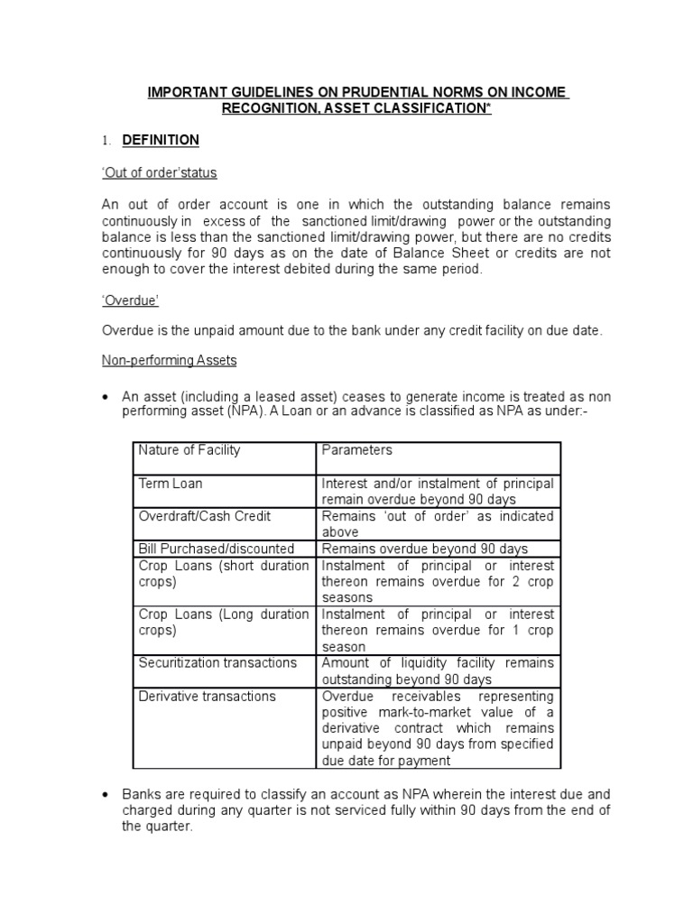 Important Guidelines On Prudential Norms On Income Recognition, Asset Classification | PDF ...