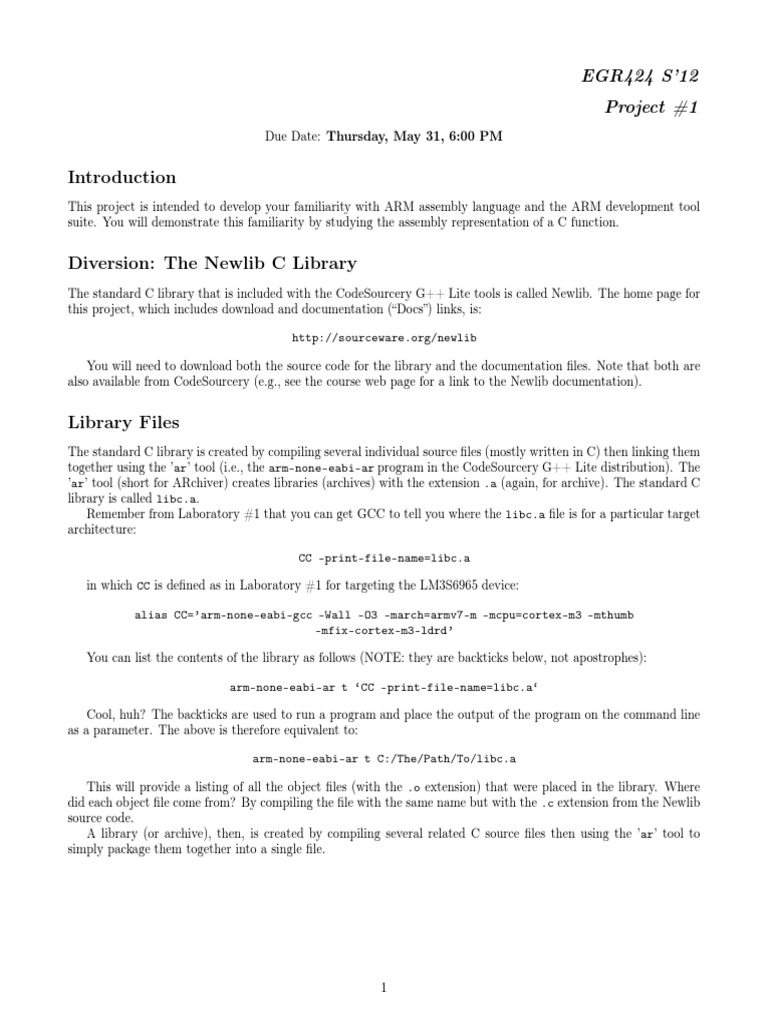 EGR424 S'12 Project #1 | PDF | C (Programming Language) | Assembly Language