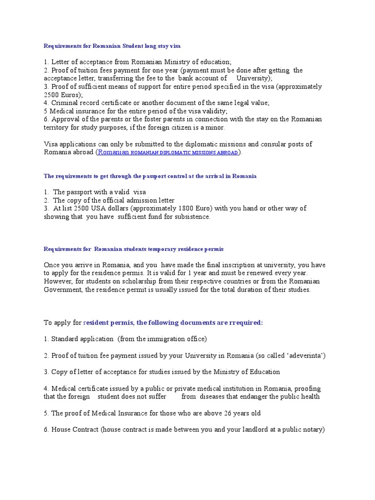 Requirements For Romanian Student Long Stay Visa | PDF | Travel Visa ...