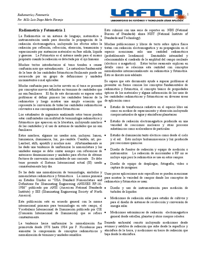 Fundamentos de Radiometría y Fotometría | PDF | Radiación ...
