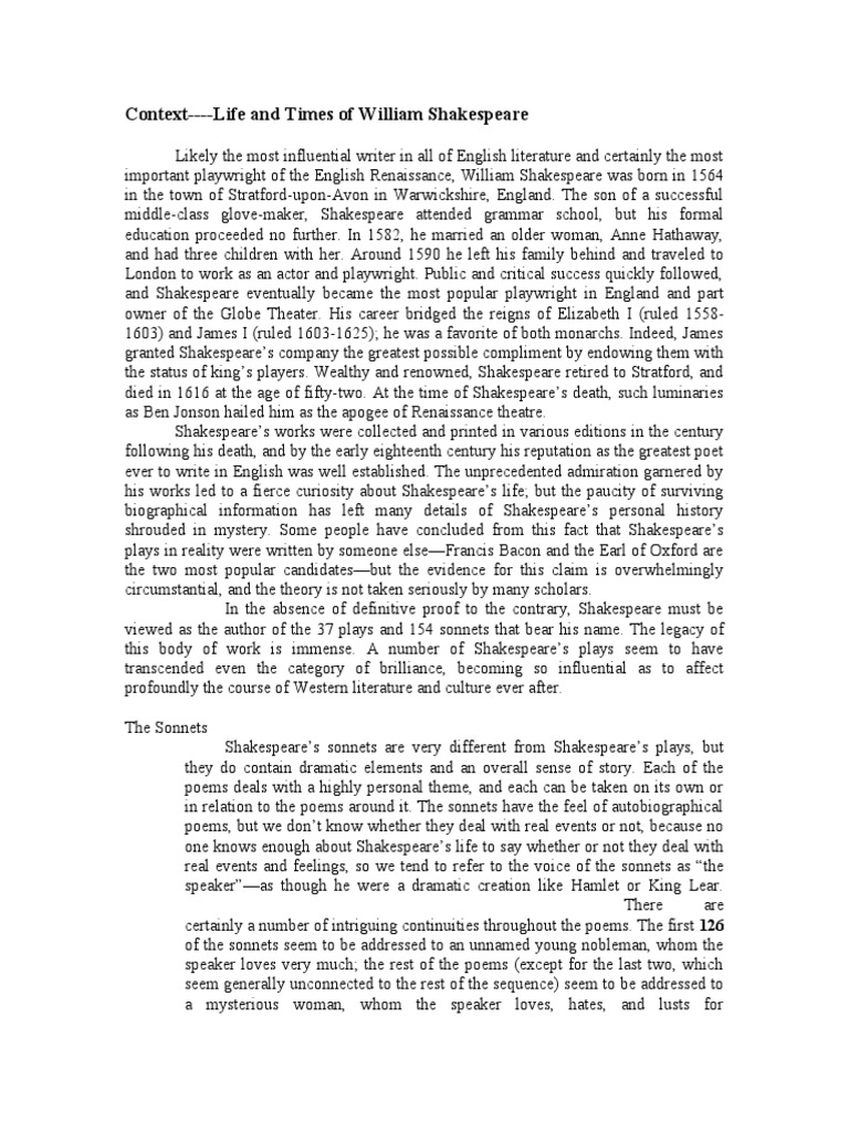Context - Life and Times of William Shakespeare | PDF | Shakespeare's ...