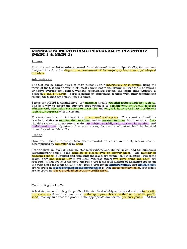 Minnesota Multiphasic Personality Inventory (MMPI-1 & MMPI-2) | PDF ...