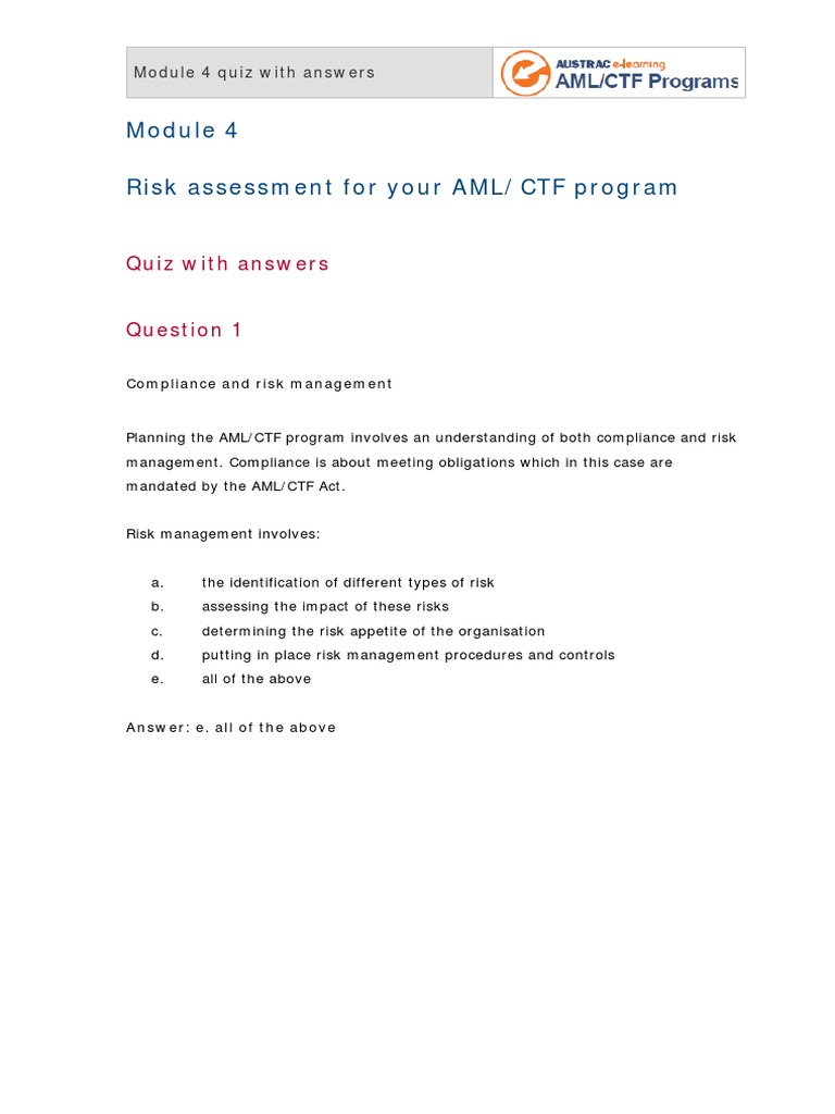 Aml Programs Module 4 Quiz Answers | Risk | Risk Management