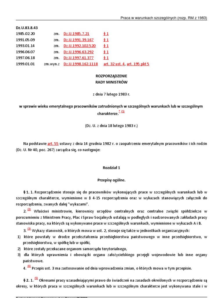 Praca W Warunkach Szczególnych (Rozp. RM Z 1983) | PDF