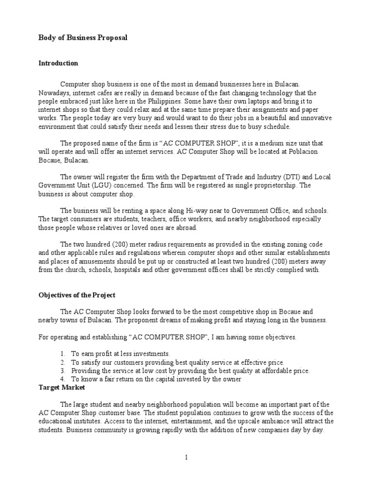 Body of Business Proposal | Sole Proprietorship | Employment