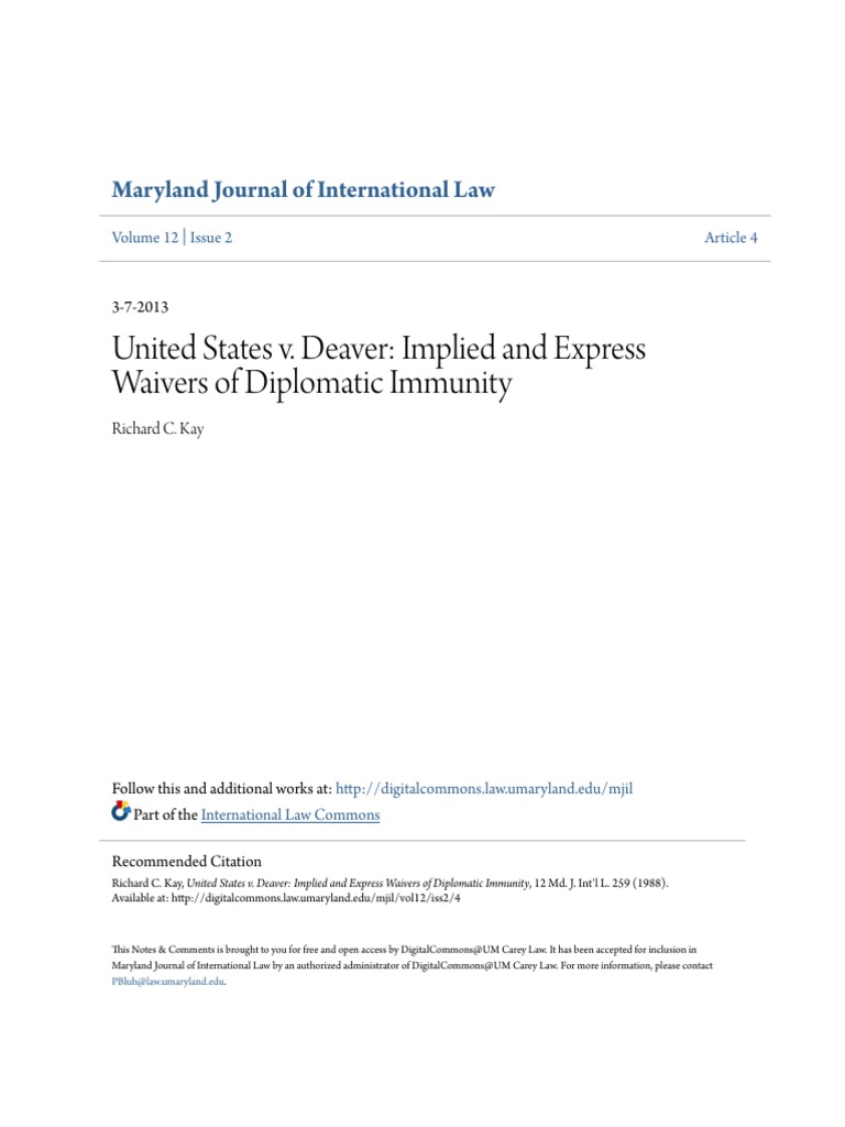 United States v. Deaver - Implied and Express Waivers of Diplomati ...
