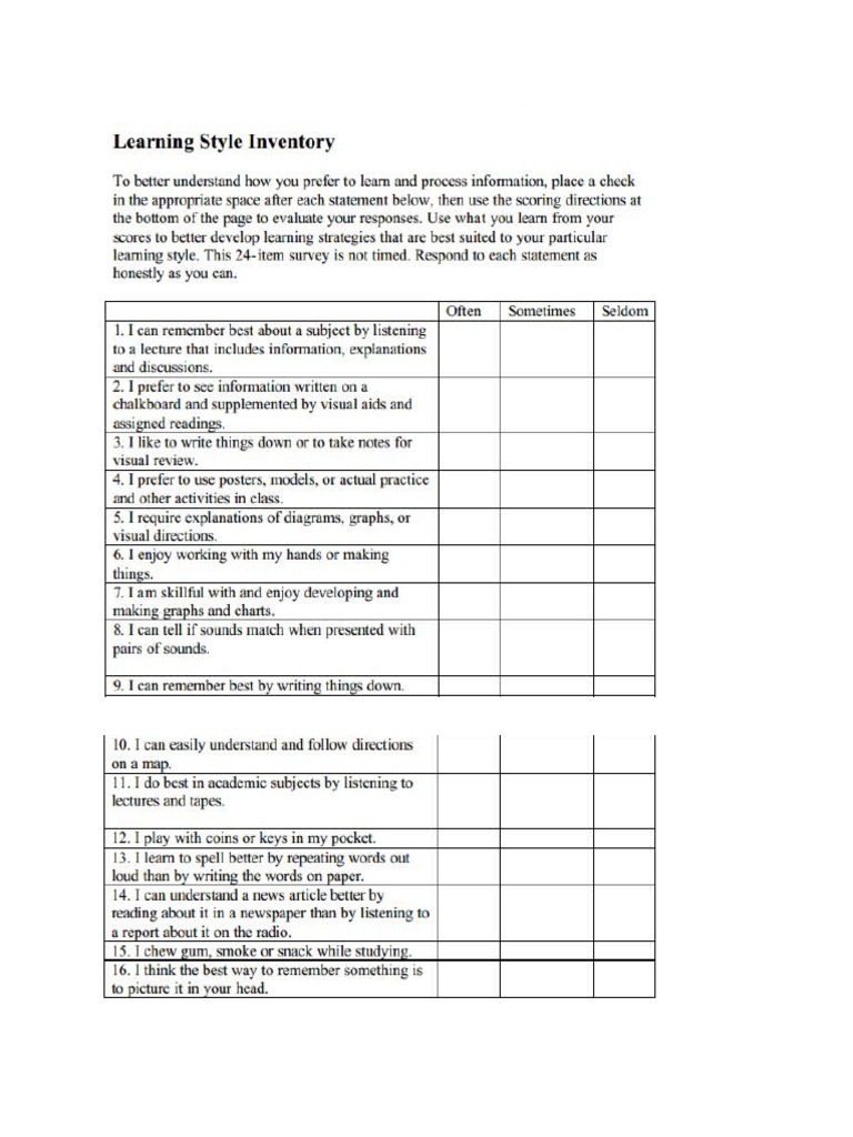 Learning Style Questionaire | PDF
