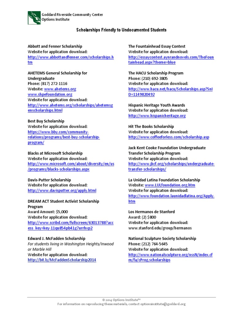 Scholarships Friendly To Undocumented Students: Options Institute | PDF