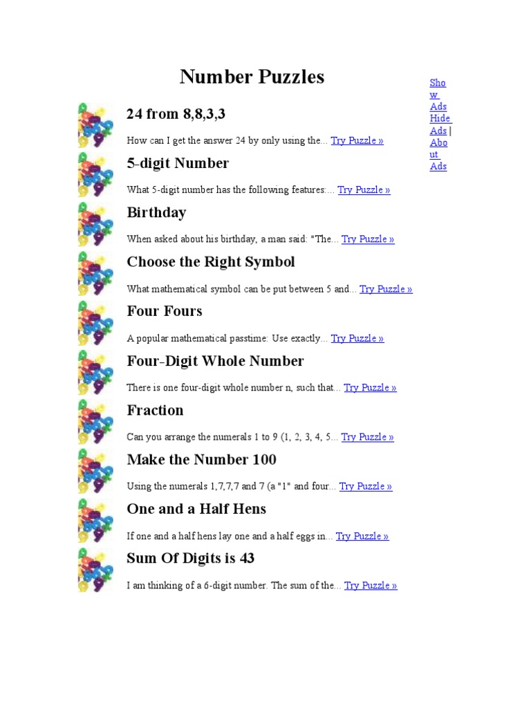 Number Puzzles | PDF | Subtraction | Numbers