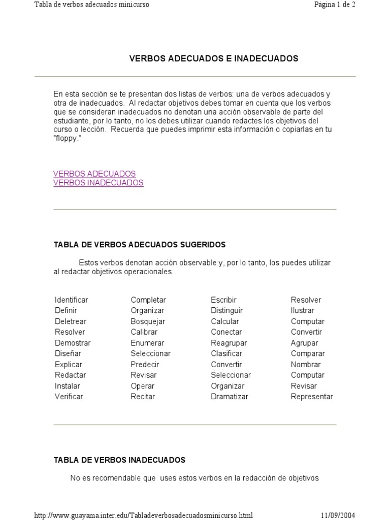 Verbos Adecuados e Inadecuados | PDF