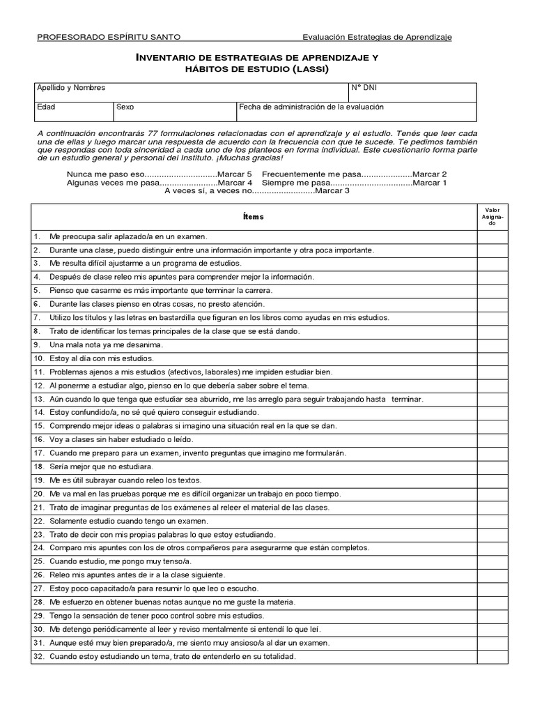 LASSI Protocolo 2013 | PDF | Prueba (evaluación)