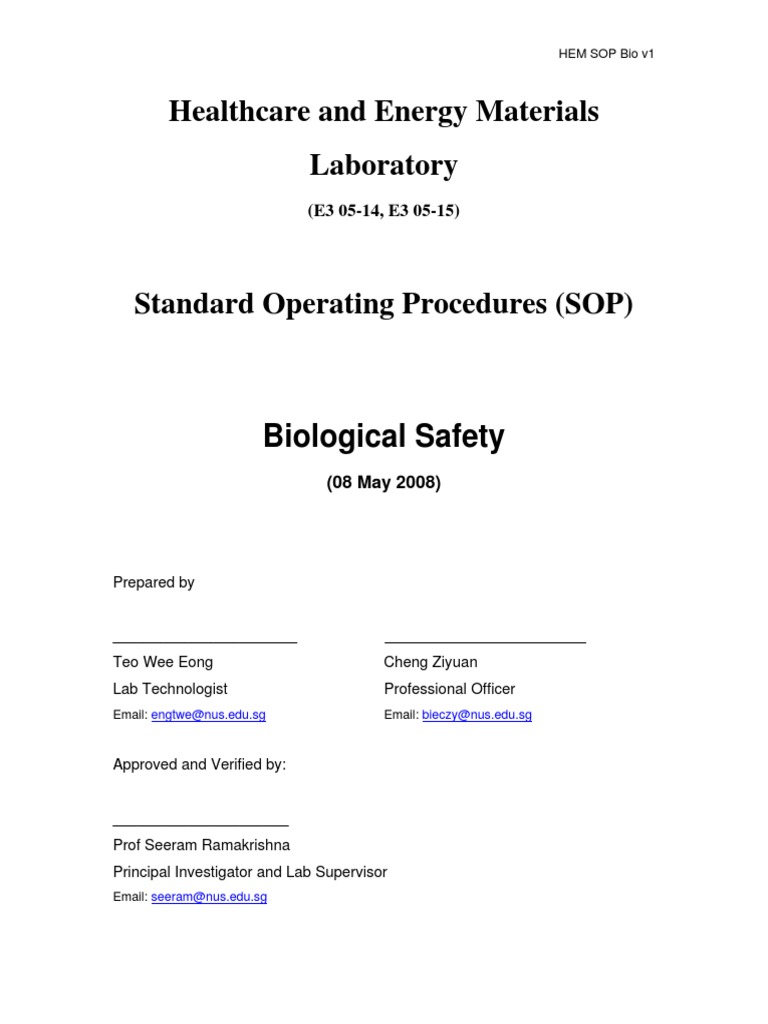 HEM SOP Biological Safety v1 | PDF | Cell Culture | Pathogen