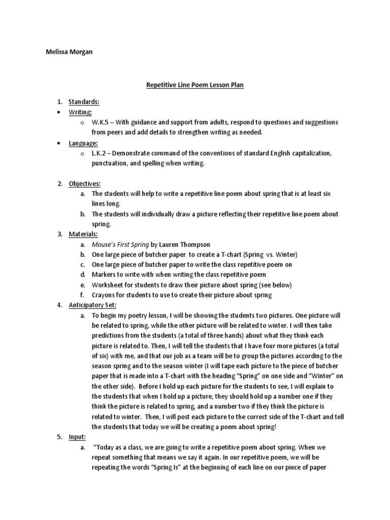 Repetitive Line Poem Lesson Plan | PDF | Poetry | Lesson Plan