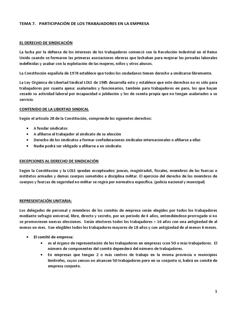 Tema 7 Fol Participacion Trabajadores en La Empresa | PDF | Derecho laboral | Sindicato