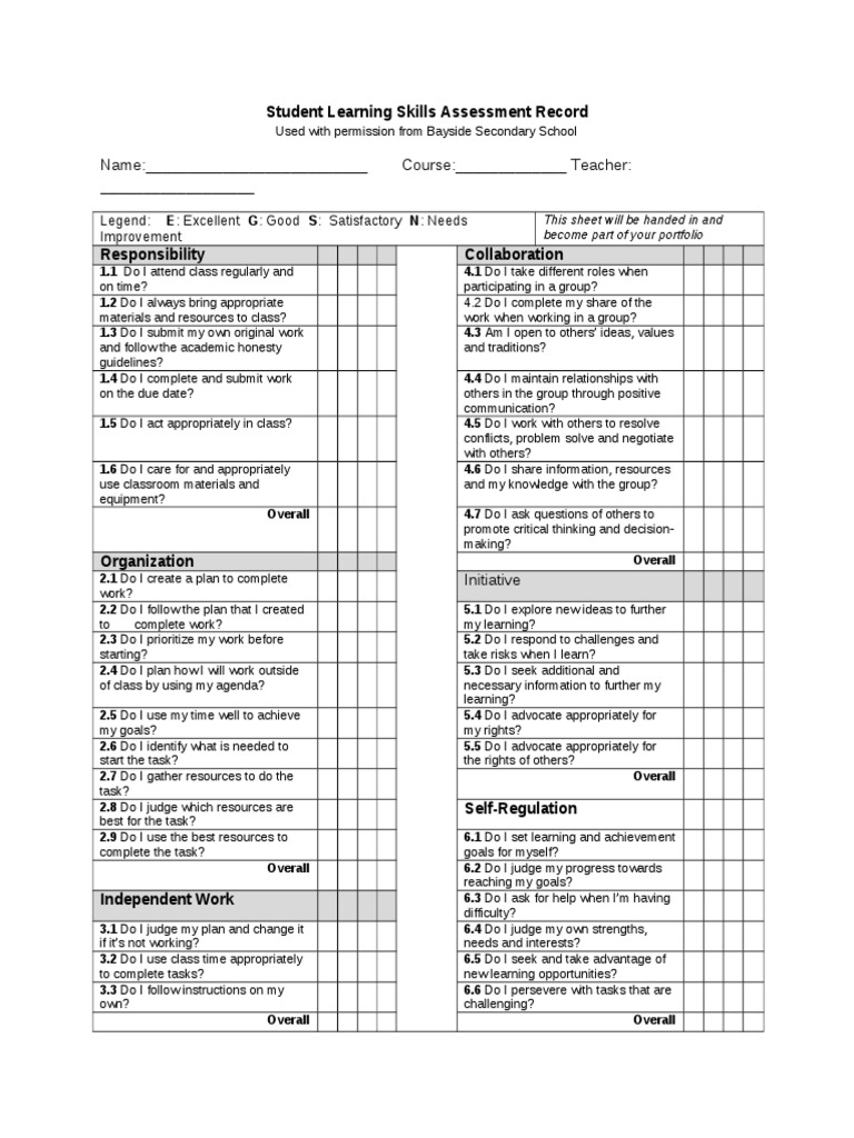 Student Skills Assessment Record | PDF | Traditions | Educational ...