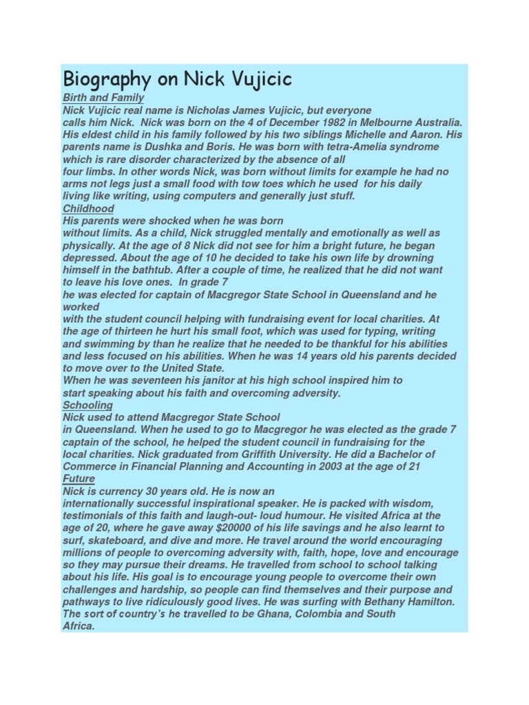 Biography On Nick Vujicic Pdf