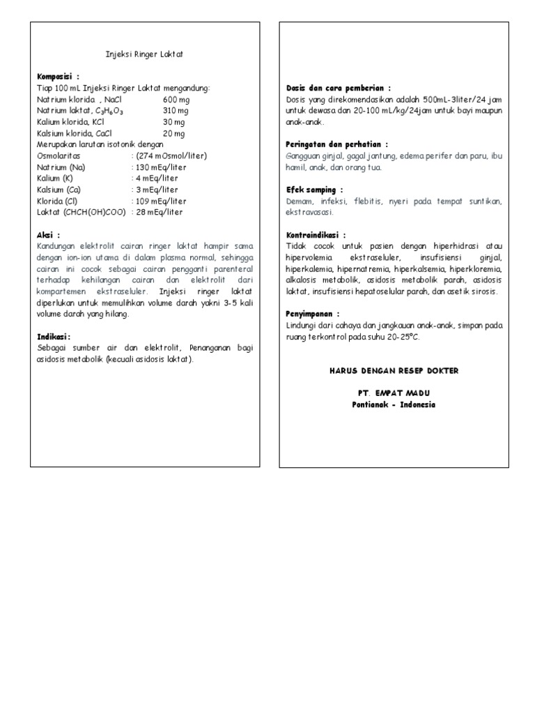Injeksi Ringer Laktat: Komposisi & Indikasi | PDF | Sains & Matematika