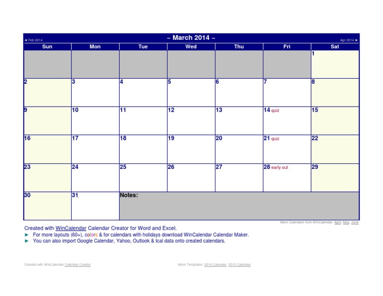 2014 Monthly Calendar Template | PDF